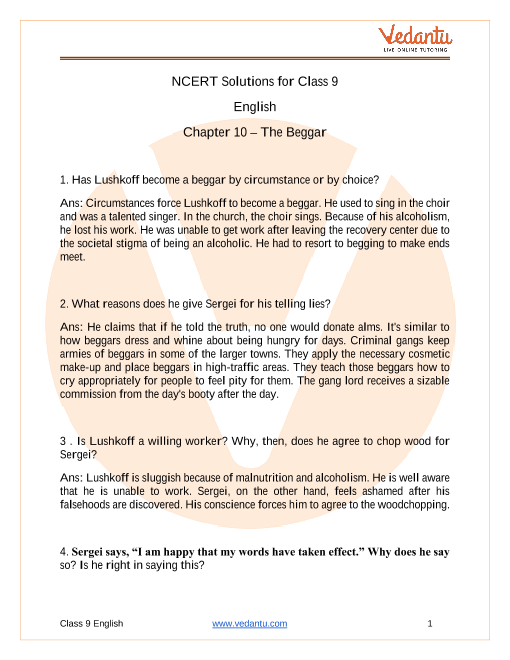 NCERT Solutions For Class 9 English Moments Chapter 10 The Beggar NCERT Solutions For Class 9 English Moments Chapter 10 The Beggar