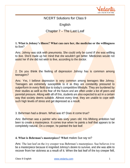 NCERT Solutions For Class 9 English Moments Chapter 7 The Last Leaf