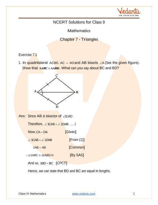 NCERT Solutions for Class 9 Maths Chapter 7 Triangles Updated for 2022-21