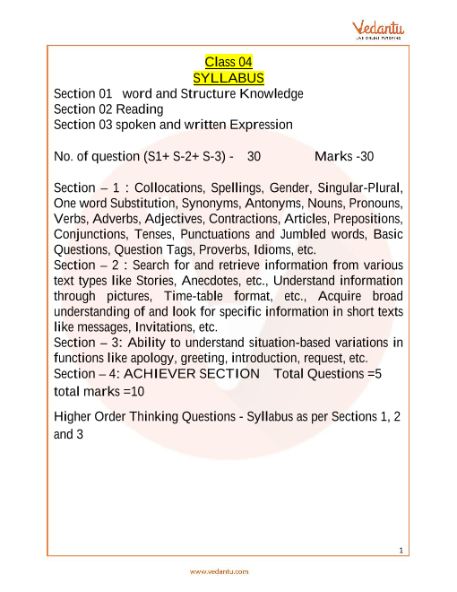 IEO English Olympiad Class 4 Syllabus 2022 23