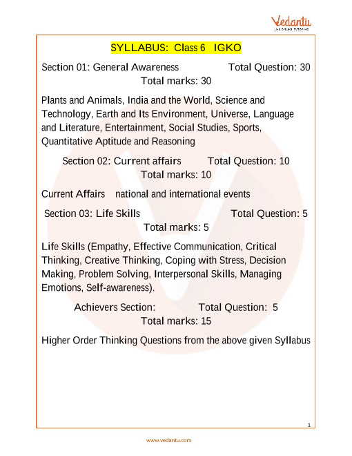 IGKO Olympiad Class 6 Syllabus IGKO Olympiad Class 6 Syllabus