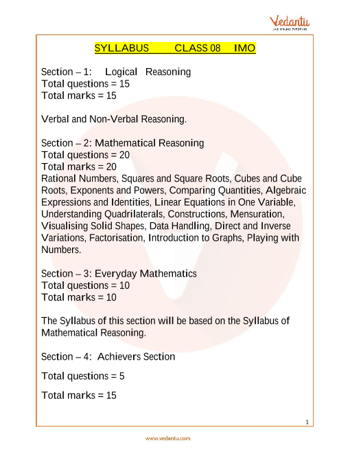 IMO Maths Olympiad Class 8 Syllabus