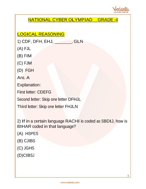 NCO Olympiad Sample Paper 2 For Class 4 With Solutions NCO Olympiad Sample Paper 2 For Class 4 With Solutions