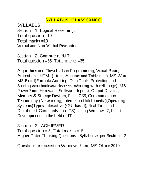 NCO Olympiad Class 9 Syllabus NCO Olympiad Class 9 Syllabus