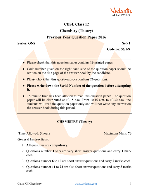 Previous Year Chemistry Question Paper for CBSE Class 12 - 2016 Set 1 S