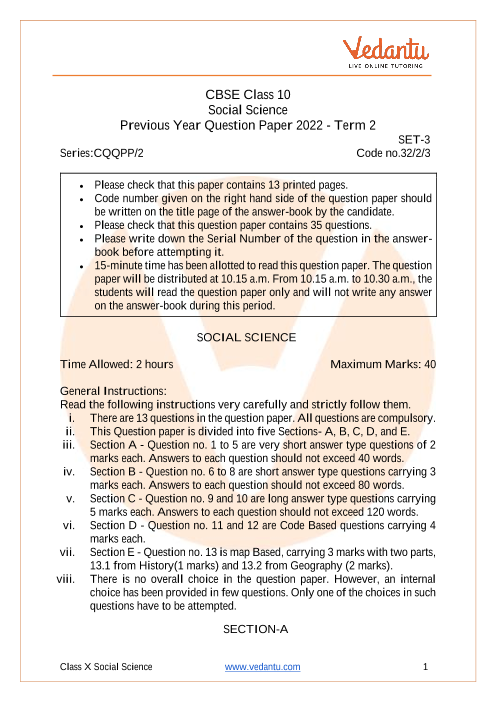 CBSE Class 10 Social Science Question Paper 2020