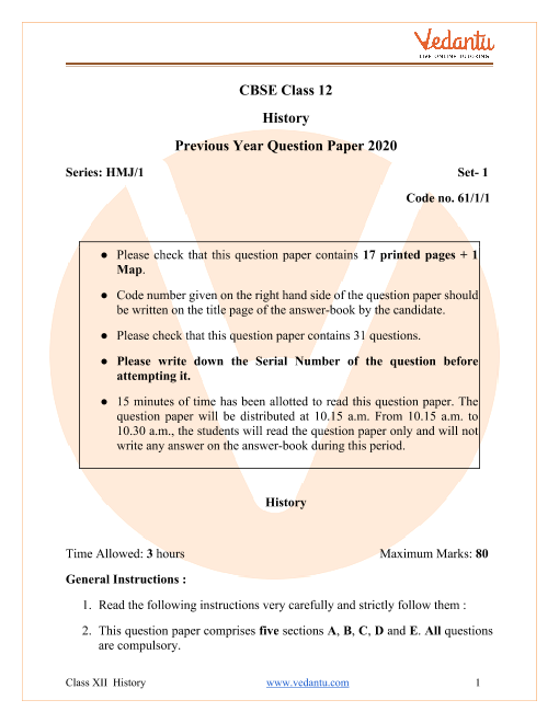 CBSE Class 12 History Question Paper 2020 with Solutions