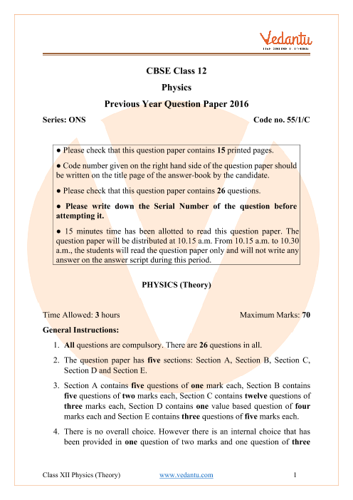 Previous Year Physics Question Paper for CBSE Class 12 - 2016 Set 1 C