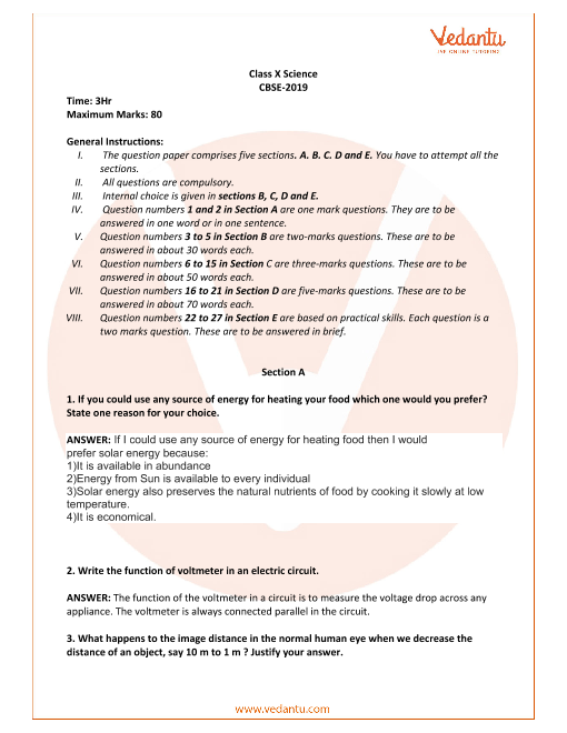 CBSE Class 10 Science Board Question Paper 2019 With Solutions CBSE Class 10 Science Board Question Paper 2019 With Solutions