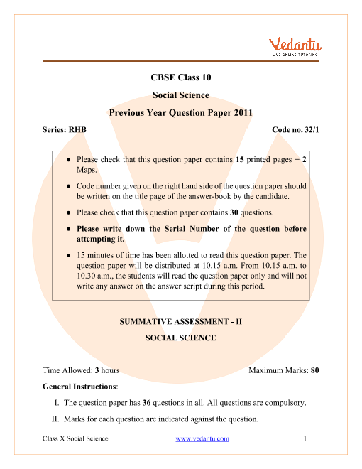 Previous Year Social Science Question Paper for CBSE Class 10 - 2011