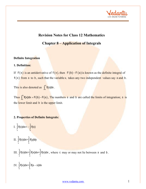 NCERT Class 12 Maths Chapter 8 Revision Notes| Free PDF Download