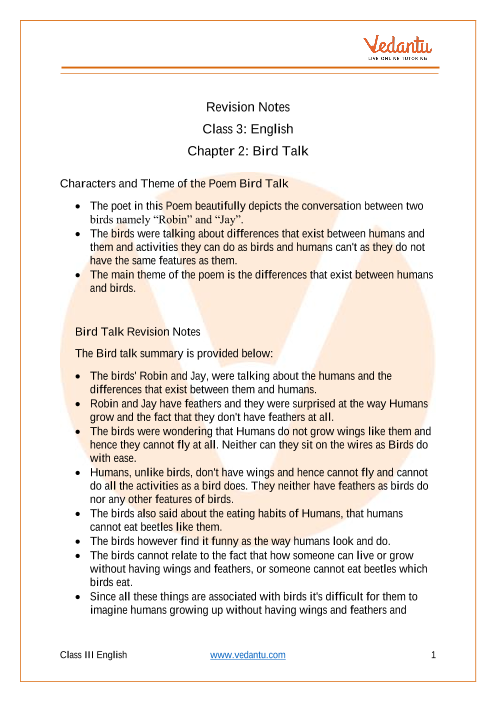 Bird Talk Poem Class 3 Notes CBSE English Poem Chapter 2 [PDF]