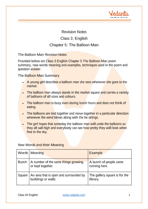 The Balloon Man Poem Class 3 Notes CBSE English Poem Chapter 5 [PDF]