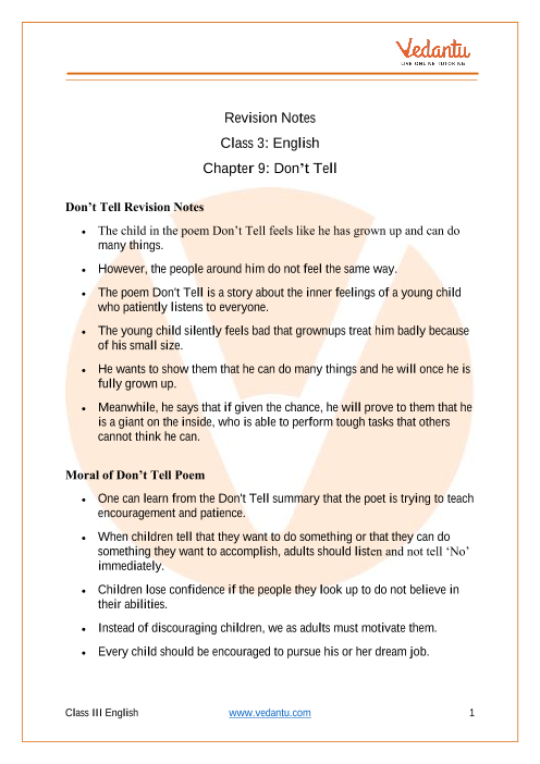 Dont Tell Poem Class 3 Notes CBSE English Poem Chapter 9 [PDF]