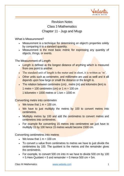 Jugs and Mugs Class 3 Notes CBSE Maths Chapter 11 [PDF]