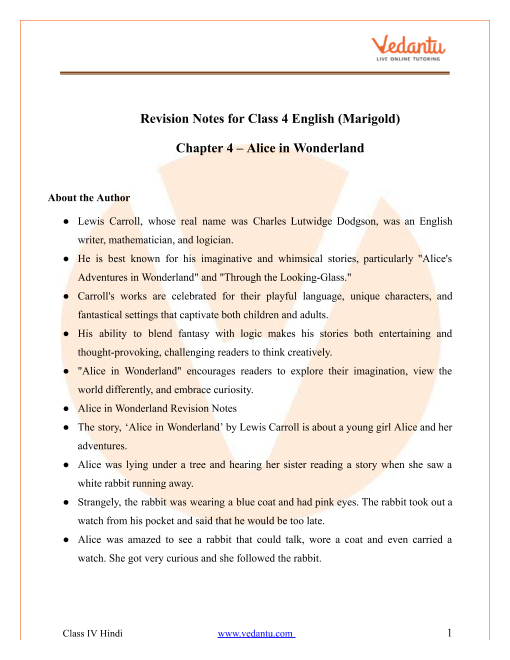 Alice In Wonderland Class 4 Notes CBSE English Chapter 4 PDF 