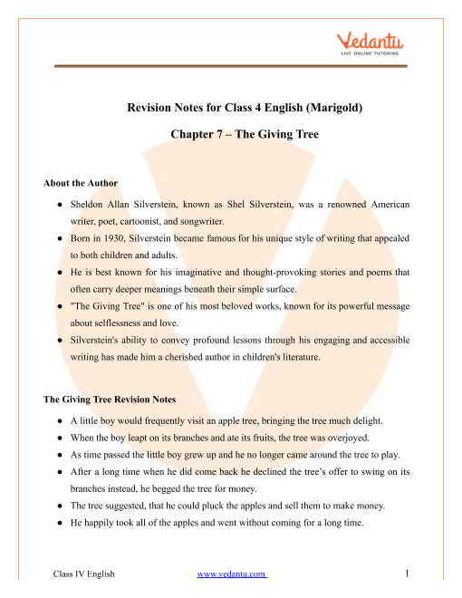 The Giving Tree Class 4 Notes CBSE English Chapter 7 PDF 