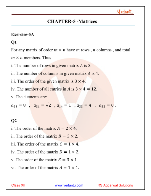 RS Aggarwal Class 12 Solutions Chapter 5 Matrices RS Aggarwal Class 12 Solutions Chapter 5 Matrices
