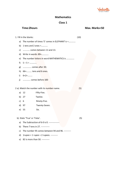 CBSE Sample Papers For Class 1 Maths With Solutions Mock Paper 2