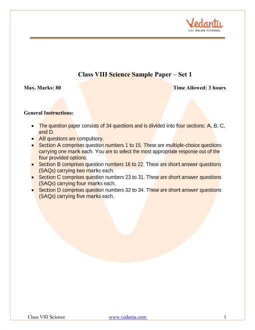 CBSE Sample Paper For Class 8 Science With Solutions Mock Paper 1 CBSE Sample Paper For Class 8 Science With Solutions Mock Paper 1