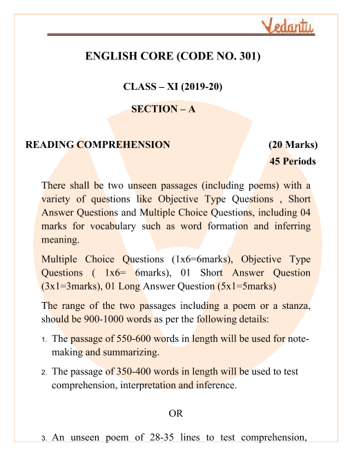 CBSE Syllabus For Class 11 English Core 2019 2020 Examination CBSE Syllabus For Class 11 English Core 2019 2020 Examination