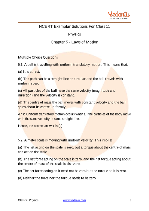 Ncert Exemplar Class 11 Physics Chapter 4 Laws Of Motion