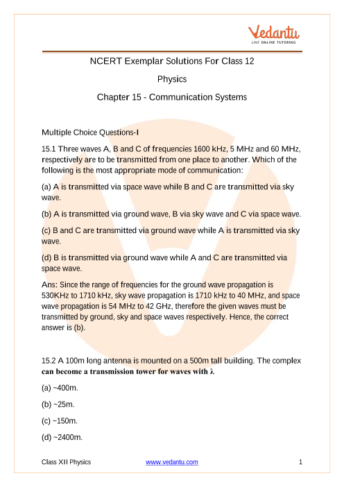 NCERT Exemplar for Class 12 Physics Chapter 15 - Communication Systems (Book Solutions)
