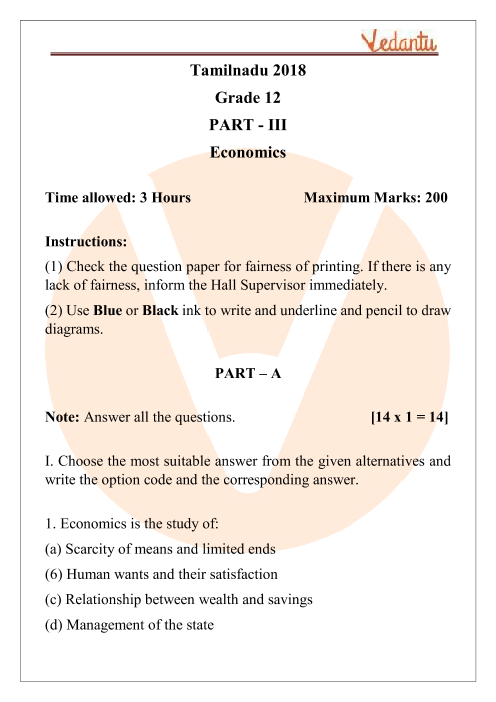 TNHSC Class 12 Economics Question Paper 2018