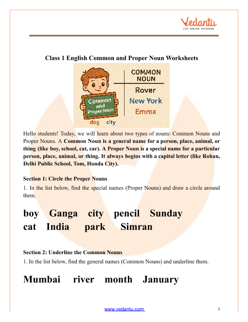Common And Proper Nouns Online Worksheet For Grade 1
