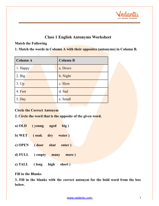 Antonyms Worksheets For Grade 1 Synonyms And Antonyms Worksheet