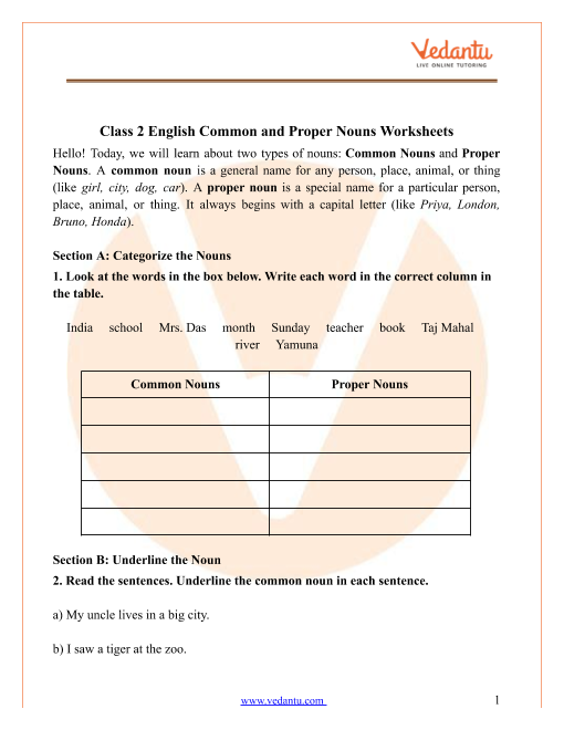 Proper And Common Nouns Worksheet