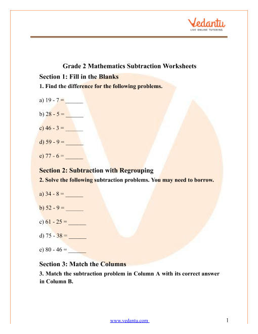 Subtraction Grade 2 Math Worksheets