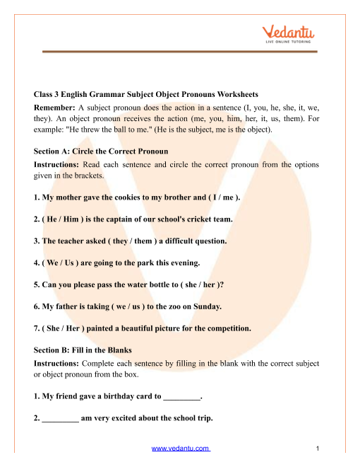 Subject And Object Pronoun Worksheet Fill In The Blanks With Subject