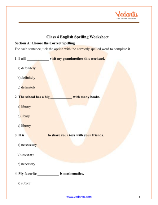 Free Spelling Worksheets Grade 4