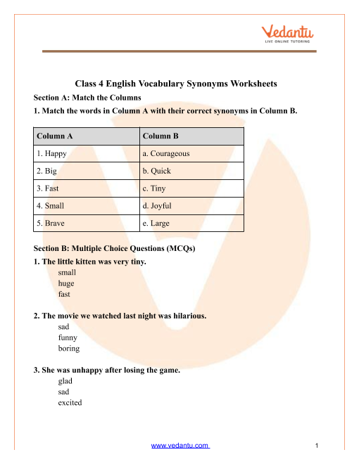 Grade 4 English Worksheets Synonyms Worksheet For Preschool