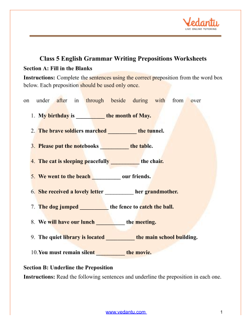 Preposition Worksheets 5th Grade Prepositions Class 5 Worksheet Fill