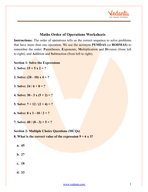 Bodmas Worksheet Year 5 Maths – BODMAS. Freedom Education