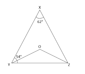 In the figure, $ \\angle X = 62^\\circ $ , $ \\angle XYZ = 54^\\circ ...