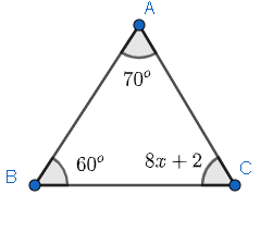 What is the value of x in a triangle with angles 70, 60 and $8x+2$