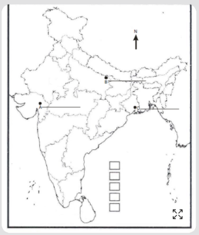 Three features A, B and C are marked on the given political outline map ...