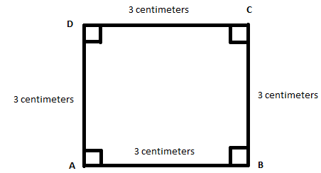 Draw the square ABCD of area 9 square centimeters.