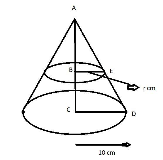 A cone of height 10 cm and radius 10 cm is to be divided into two parts ...