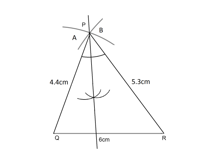 Construct a $\\Delta PQR$ in which QR = 6cm, PQ = 4.4 cm and PR = 5.3 cm. Draw the bisector of ...