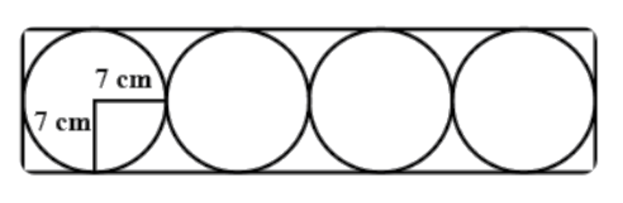 A rectangle encloses for circles. The radius of each circle is $7 ...