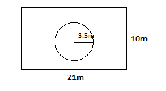 A rectangular grass lawn is 21m by 10m. In the center, a circular plot ...