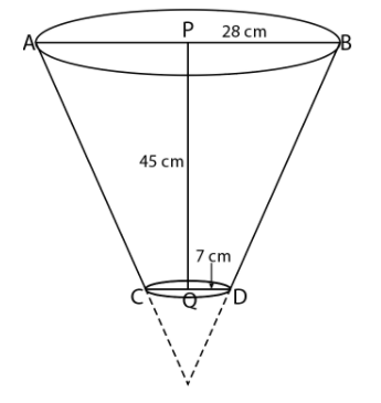 The radii of the ends of a frustum of a cone 45 cm high are 28 cm and 7 ...