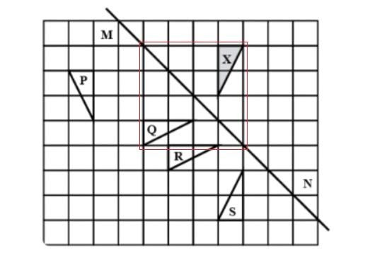 The diagram is drawn on a square grid. Of the triangles marked P, Q, R ...