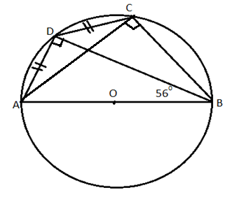 In the circle, AB is a diameter, chord AD = DC and $ \\angle ABC={{50 ...