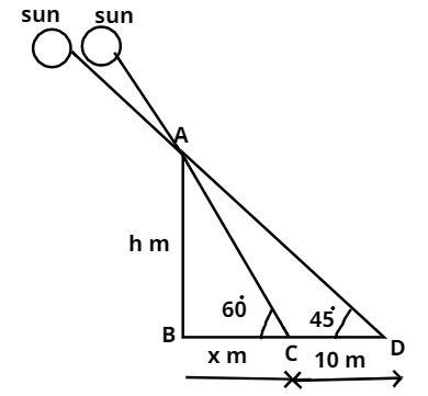 The shadow of a tower, when the angle of elevation of the sun is ${45^0 ...