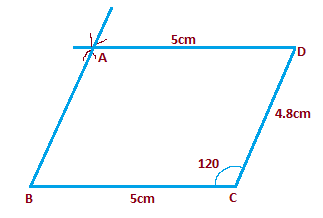 Construct a parallelogram ABCD in which \\[BC = 5cm,\\angle BCD = {120 ...